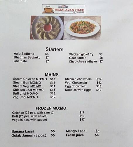 Carta de Himalayan Cafe, Brunswick, 655-661 Sydney Rd