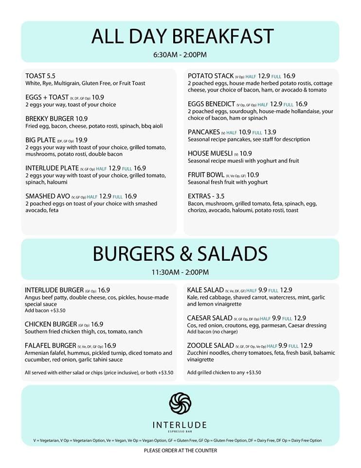 Menu at Interlude Espresso Bar, Canberra