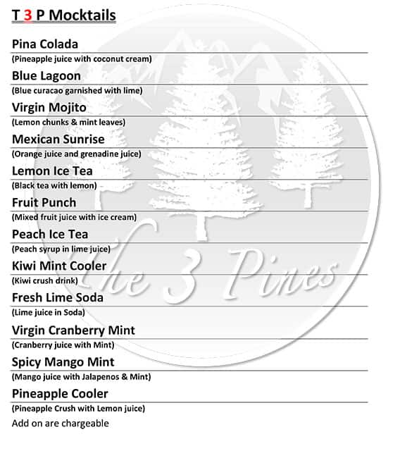 Menu of The 3 Pines Cafe, Rajpur, Dehradun