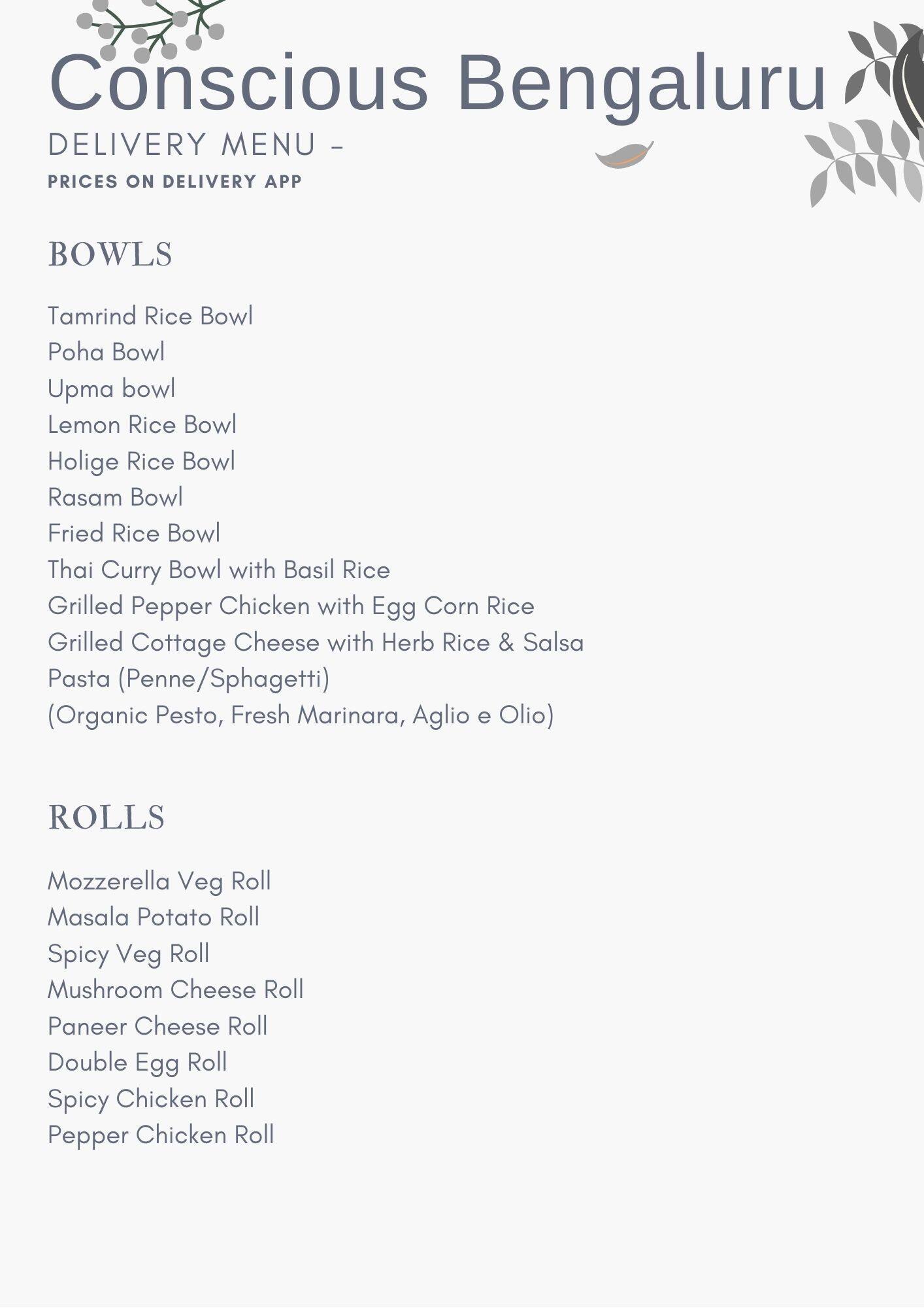 Menu of Conscious Bengaluru, Shanti Nagar, Bangalore