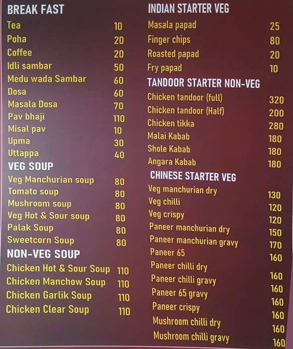 Menu of Crystal Restaurants, Pimpri, Pune