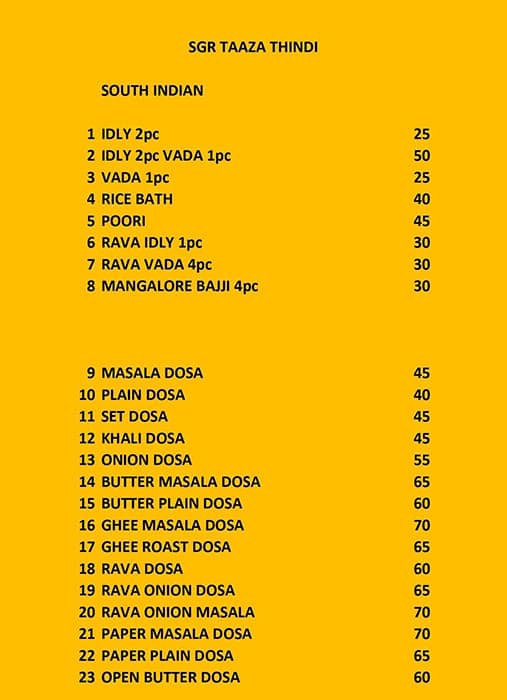 Menu of SGR Taaza Thindi, Vijay Nagar, Bangalore