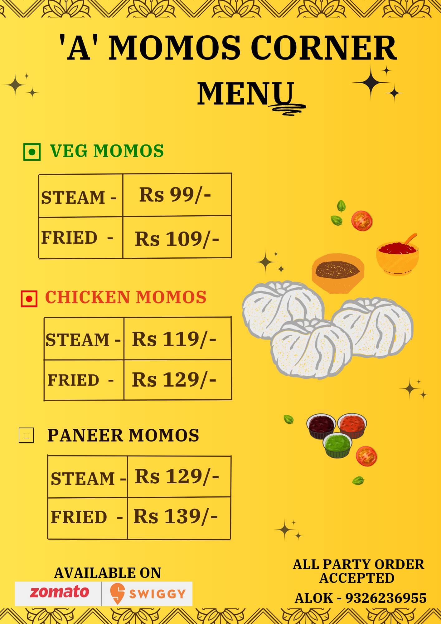 Menu of A Momos Corner, Kurla, Mumbai