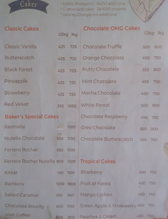 Menu of Le Gateau - The Cake Shop, Domlur, Bangalore