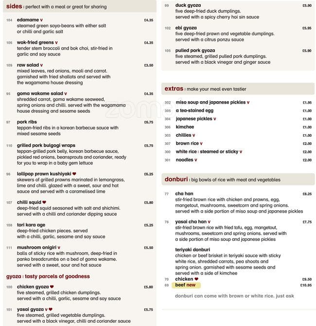 Menu at Wagamama restaurant, Salford, unit 2 orange tower media city