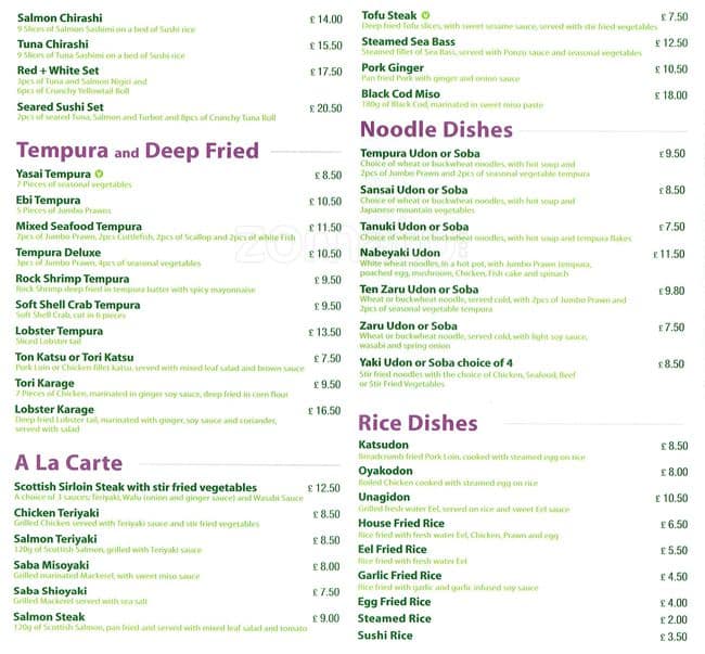 Menu at Sasa Sushi restaurant, London