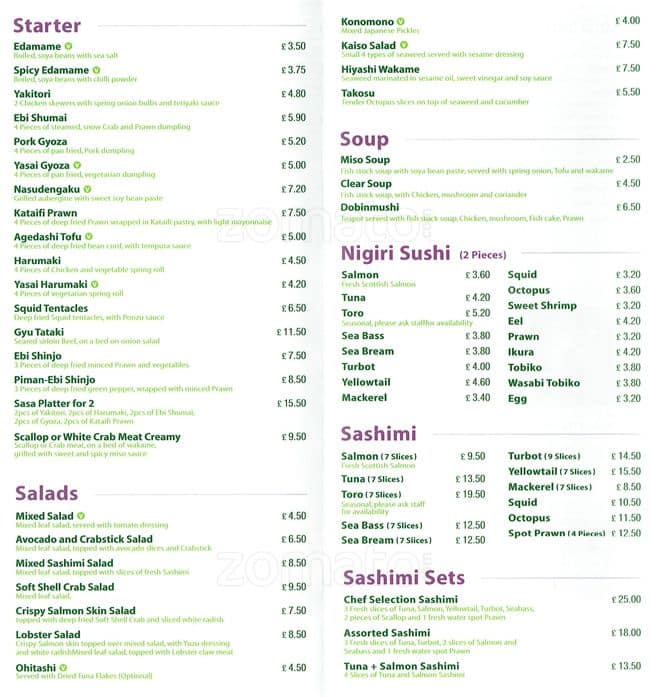 Menu at Sasa Sushi restaurant, London