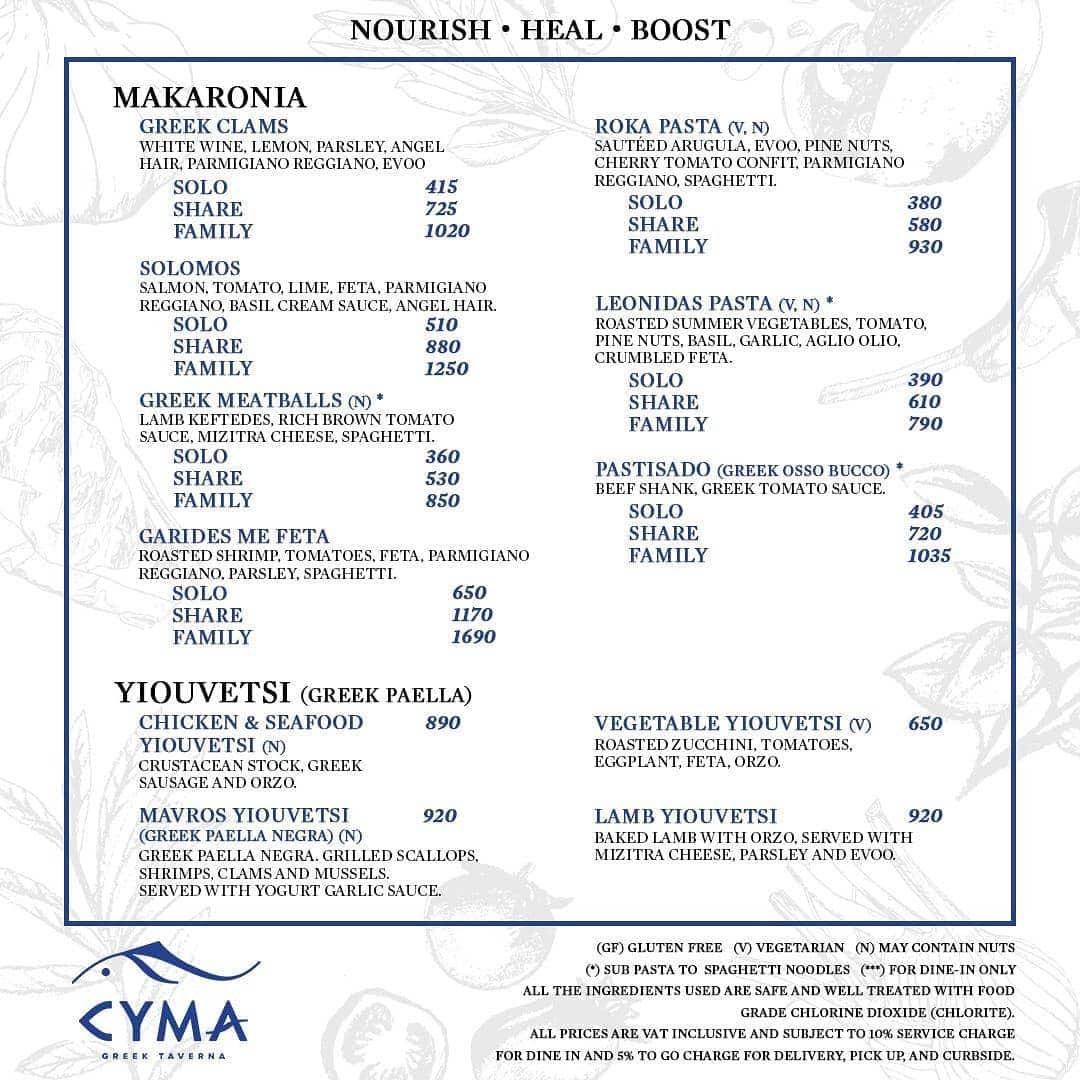 Menu at Cyma restaurant, Quezon City, TriNoma mall