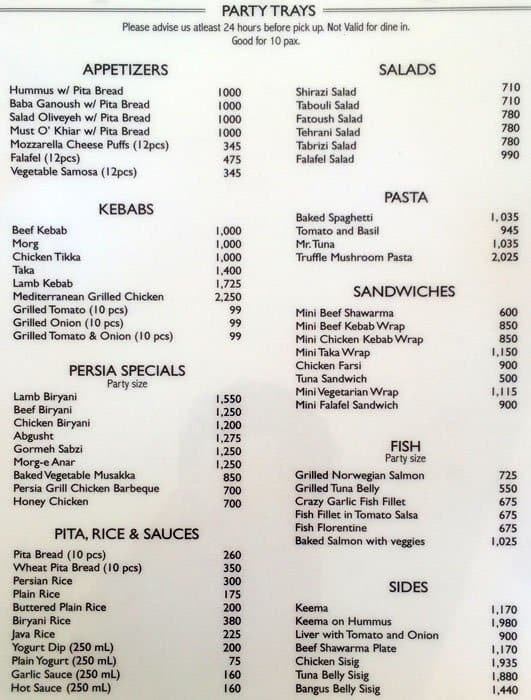 Menu at Persia Grill restaurant, Pasay, Metro Bank Ave
