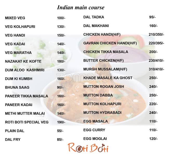 Menu at Roti Boti, Pimpri-Chinchwad, Near Sant Tukaram Mandir