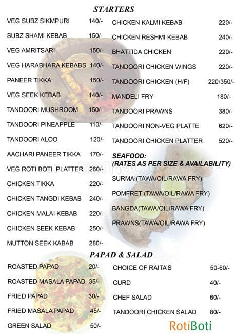 Menu at Roti Boti, Pimpri-Chinchwad, Near Sant Tukaram Mandir