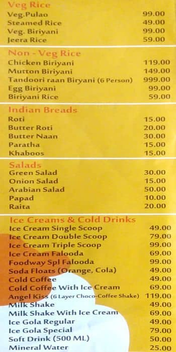 Menu at Foodway, Chennai, Old Number 52