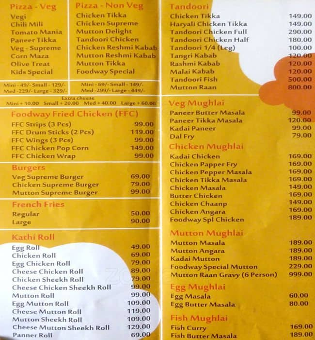 Menu at Foodway, Chennai, Old Number 52