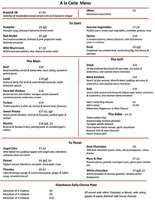 Menu at Edinburgh Observatory’s Cafe, Edinburgh