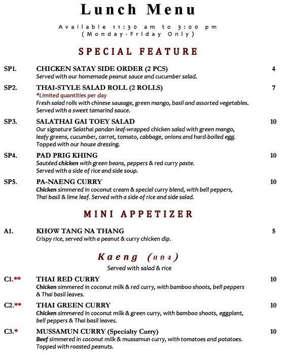 Menu at Sala Thai restaurant, Vancouver