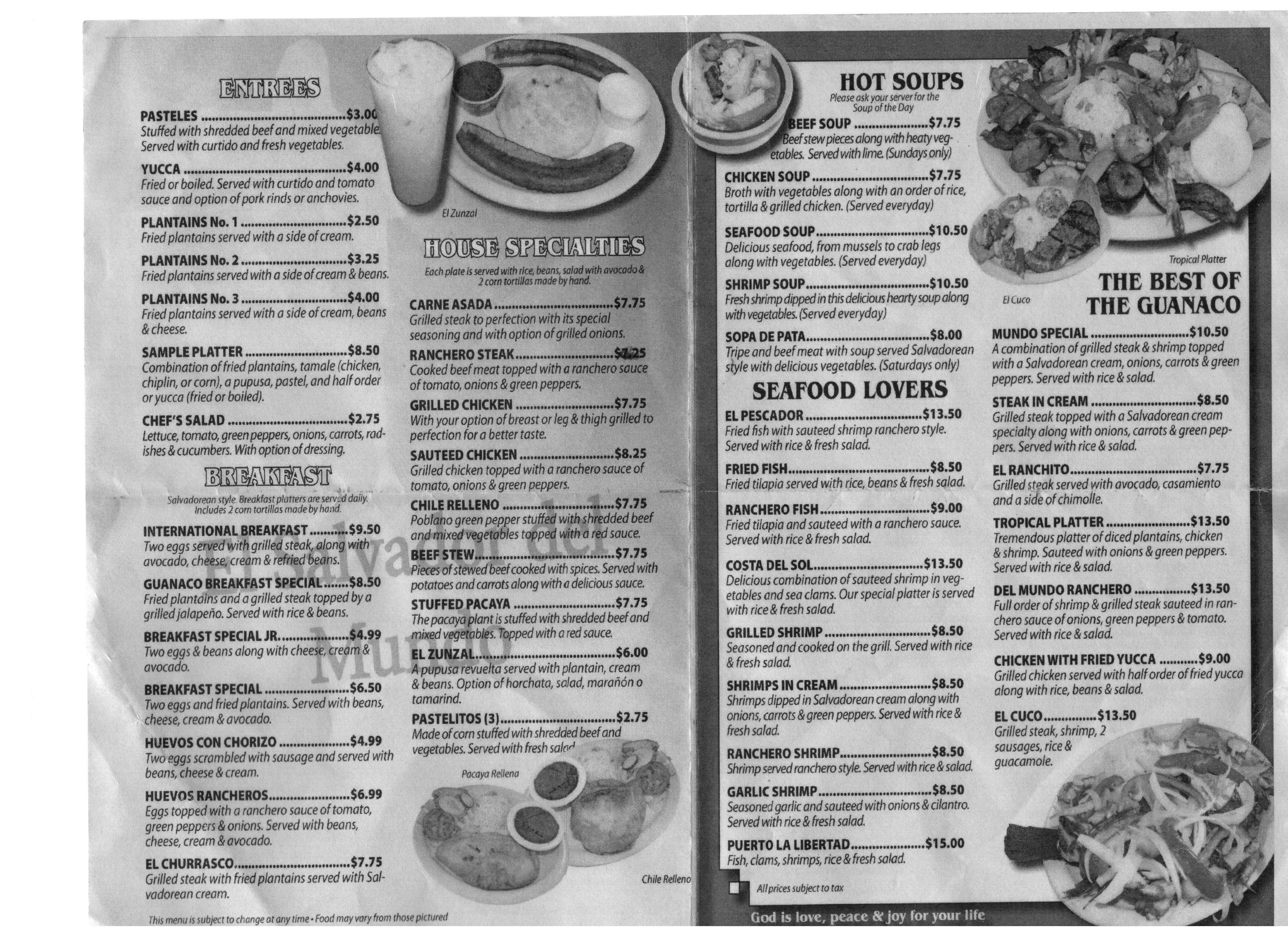 Menu at El Salvador Del Mundo restaurant, Des Moines