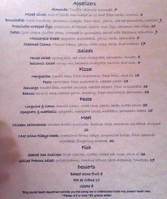 Menu at Piacere Trattoria Italiana restaurant, Burien