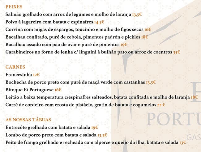Menu at Etportuguese restaurant, Lisbon