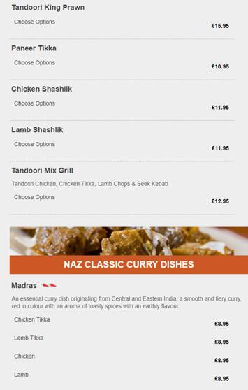 Menu at The Naz Takeaway restaurant, Eccles