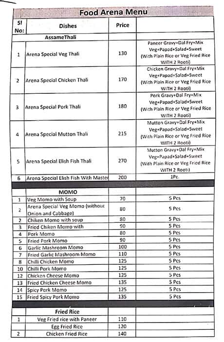 Menu at Food Arena, Guwahati