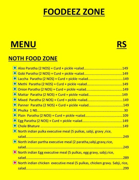 Menu of Foodeez Zone, Yeshwantpur, Bangalore