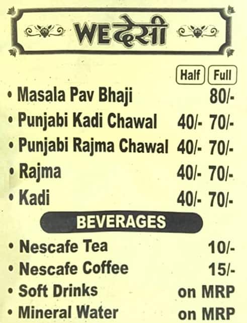 Menu of We Desi, Kamla Nagar, New Delhi