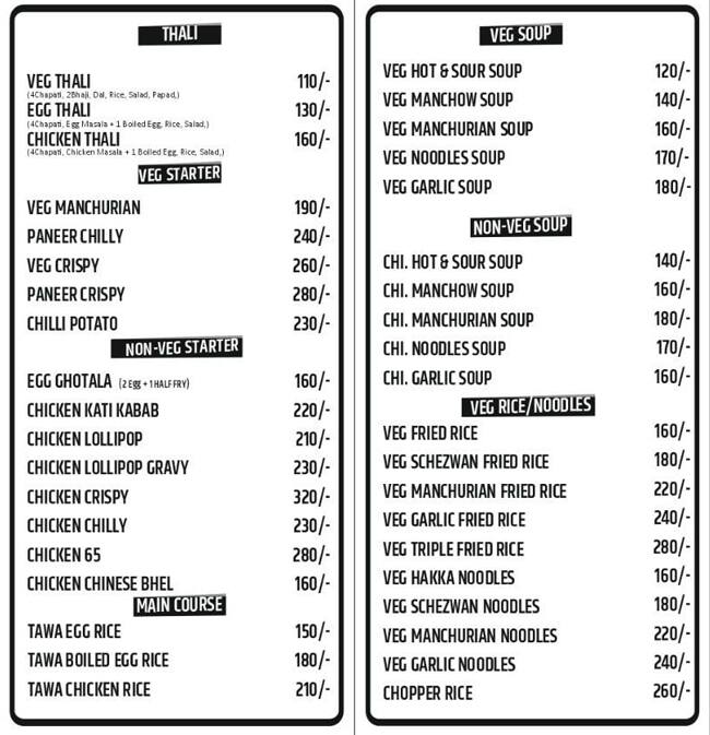 Menu of Hunger's Games, Mira Road, Mumbai