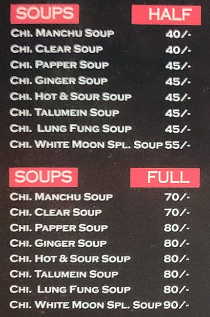 Menu of White Moon, Trombay, Mumbai