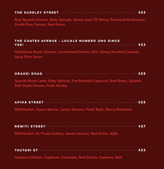 Menu at Pinchos Bar, Auckland