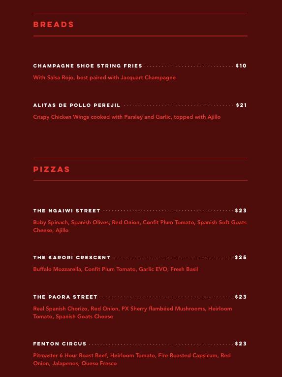 Menu at Pinchos Bar, Auckland