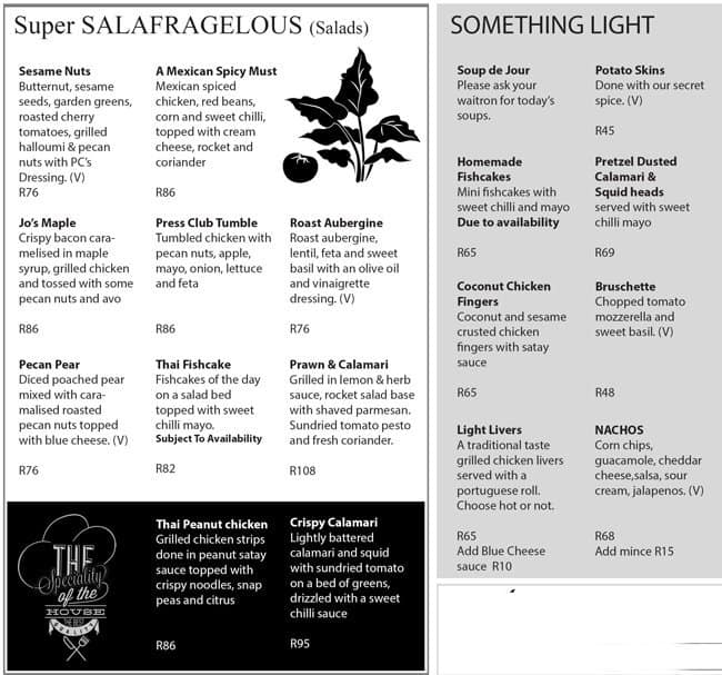 Menu at The Press Club, Umhlanga, Umhlanga Centre