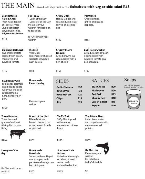 Menu at The Press Club, Umhlanga, Umhlanga Centre