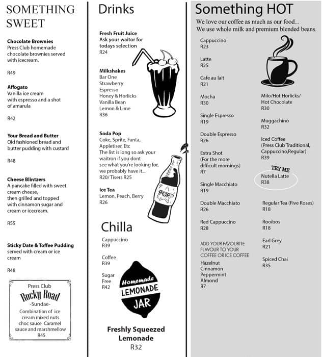 Menu at The Press Club, Umhlanga, Umhlanga Centre