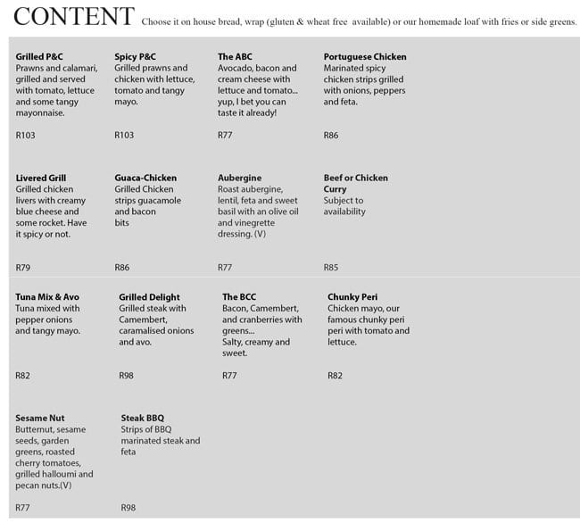 Menu at The Press Club, Umhlanga, Umhlanga Centre
