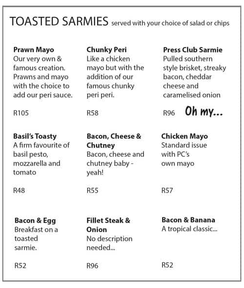 Menu at The Press Club, Umhlanga, Umhlanga Centre