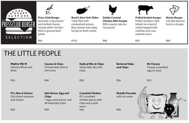 Menu at The Press Club, Umhlanga, Umhlanga Centre