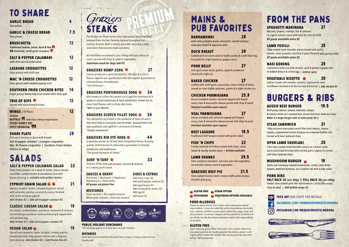 Menu at Bridge Inn Hotel pub & bar, Mernda