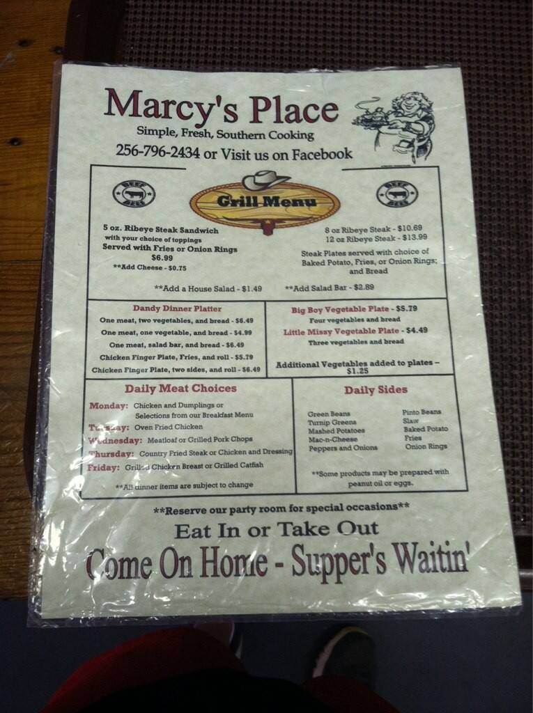 Menu at Marcy's Place restaurant, Eva