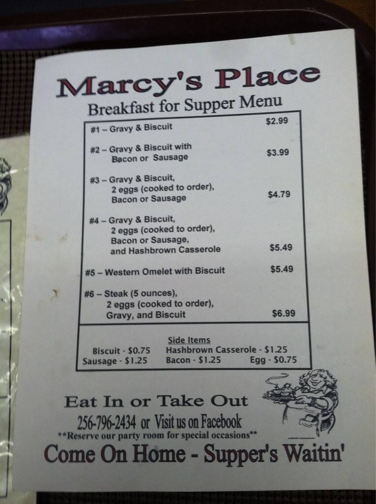 Menu at Marcy's Place restaurant, Eva