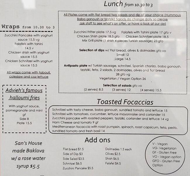 Menu at little Advi cafe, Yarraville