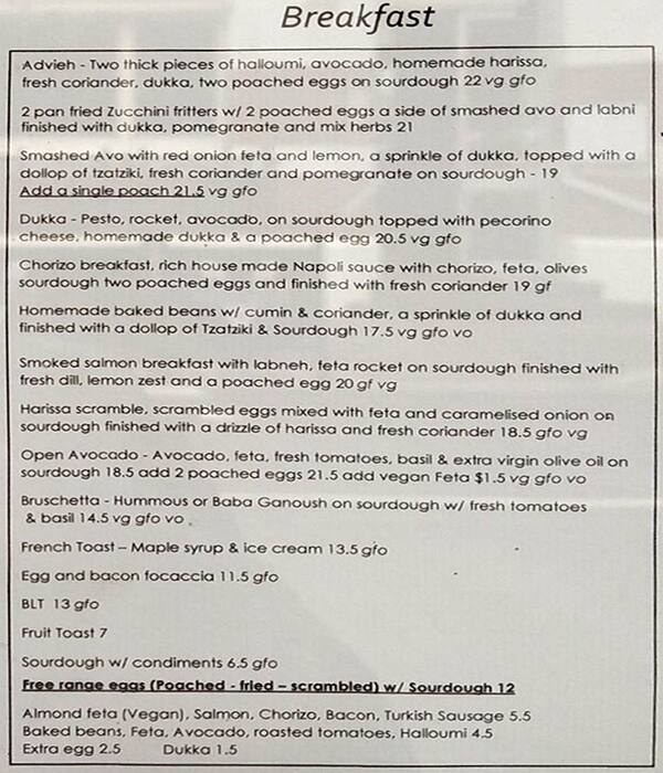Menu at little Advi cafe, Yarraville