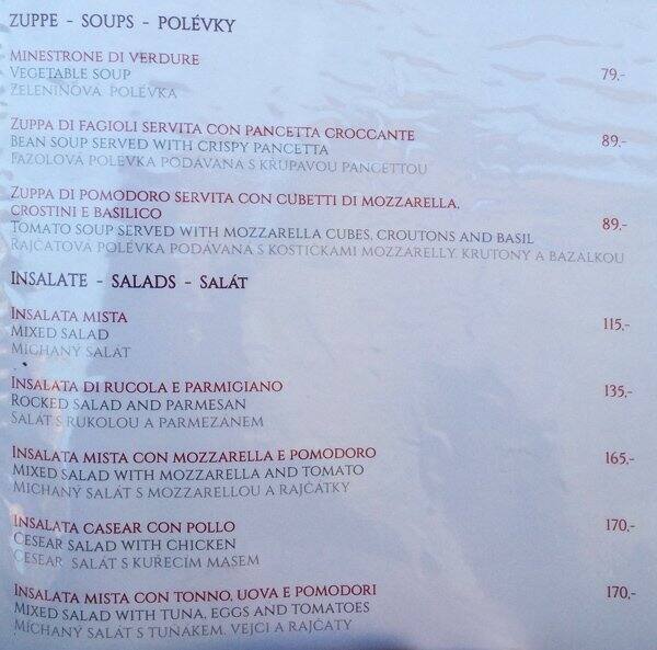 Menu at Il Palazzo cafe, Prague