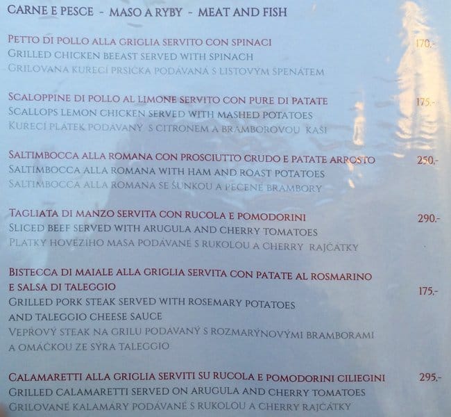 Menu at Il Palazzo cafe, Prague