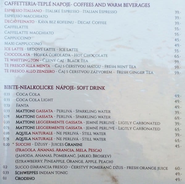 Menu at Il Palazzo cafe, Prague