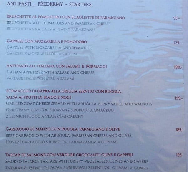 Menu at Il Palazzo cafe, Prague