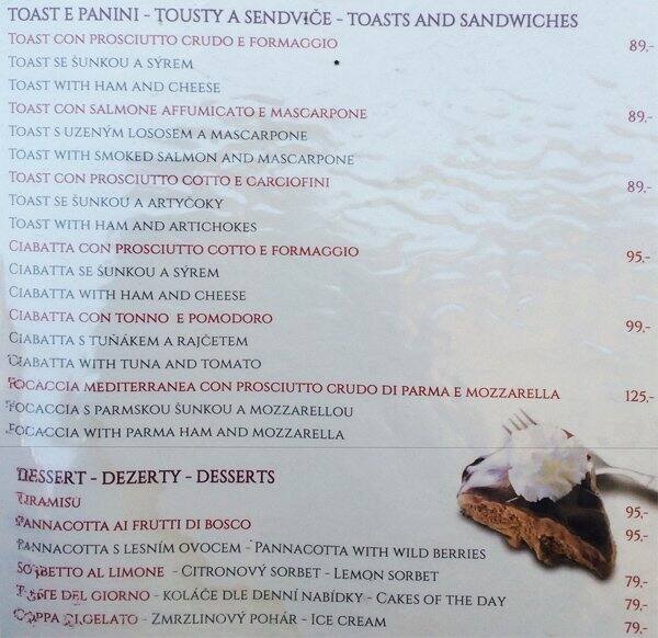 Menu at Il Palazzo cafe, Prague