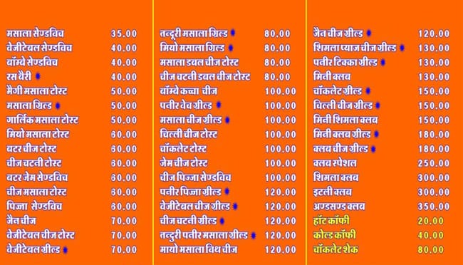 Menu of Shyam Sandwich, New Palasia, Indore