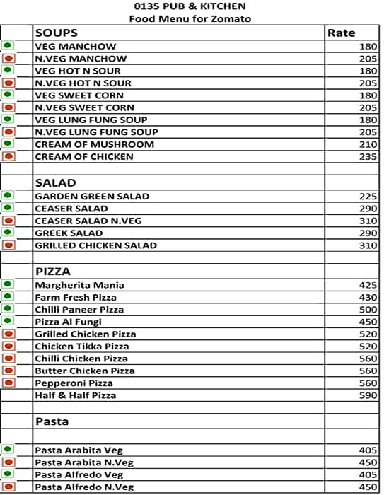 Menu of 0135 Pub & Kitchen, Rajpur, Dehradun