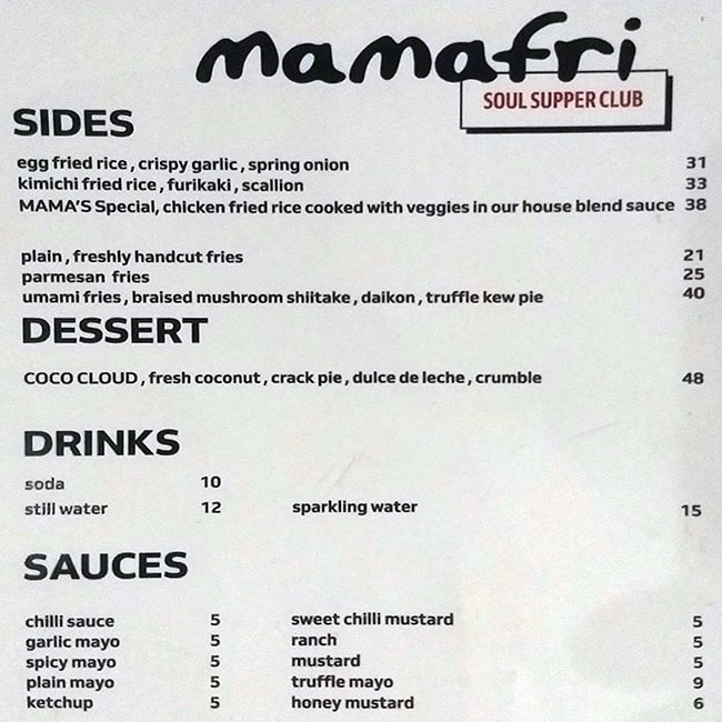 Menu at Mamafri restaurant jumeirah, Dubai