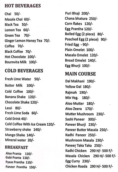 Menu of Shimla British Resort, Longwood, Shimla